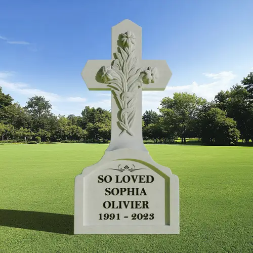 Cross Headstone Single Headstone White Cross with Floral Design ...